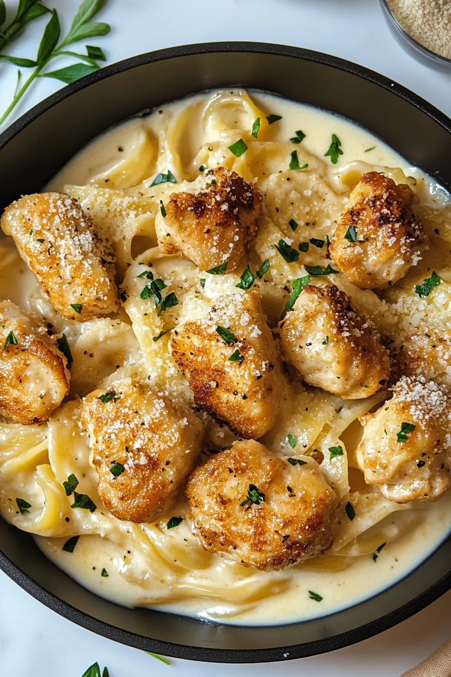 Golden Garlic Chicken Bites Over Creamy Parmesan Pasta – Fast Comfort Food