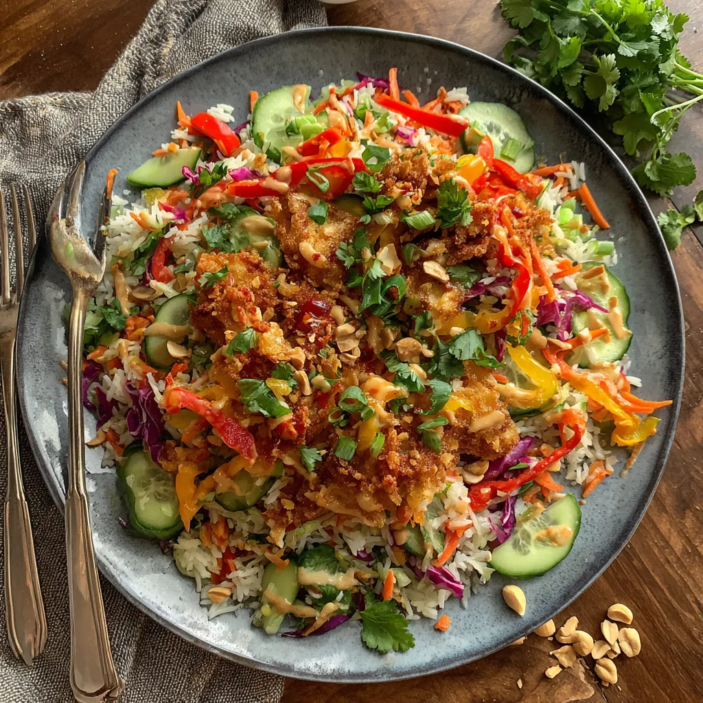 Crispy Asian Satay Rice Salad with Crunchy Veggies and Spicy Peanut ...